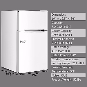 KOTEK Mini Fridge with Freezer, 3.2 Cu.Ft Compact Refrigerator with Reversible 2 Doors, 7 Level Adjustable Thermostat & Removable Shelves, Small Refrigerator for Bedroom/Office/Dorm/Apartment (White)