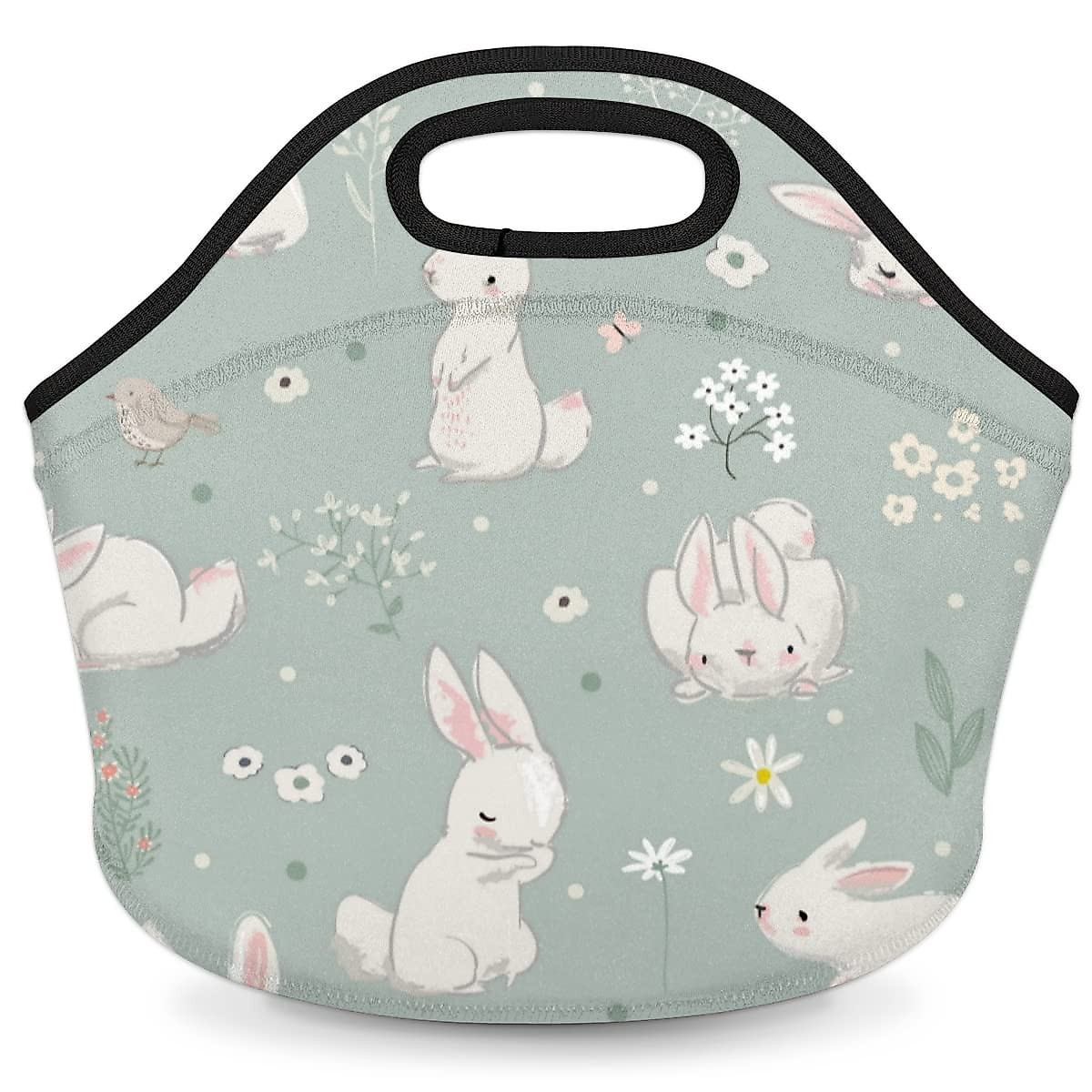 Insulated Neoprene Lunch Bag for Women Men Kids Cute Rabbit Bunny Flower Lunch Box Reusable Small Lunch Tote Bag Cooler Bag for School Work Picnic