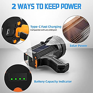 YIERBLUE Rechargeable Spotlight Flashlight with Solar Panels, 1000,000 High Lumen Outdoor Handheld Spot Lights and Flood Light, Foldable Stand and 3 Colors Lenses for Boating Hunting and Camping