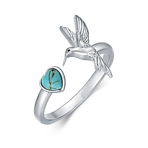 BETHZA Turquoise Hummingbird Rings for Women 925 Sterling Silver Genuine Heart Turquoise Adjustable Hummingbirds Ring Jewelry Gift for Birthday Christmas