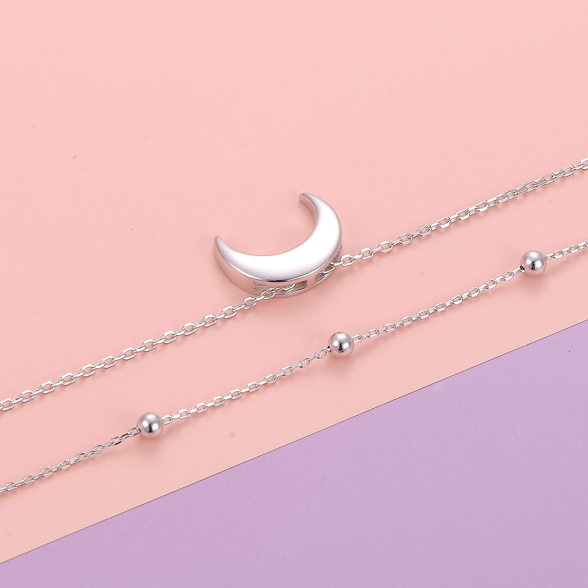 FLYOW Crescent Layered Choker Necklace S925 Sterling Silver Moon Pendant Jewelry Adjustable Clavicle Necklace for Women Birthday Gifts (Moon)