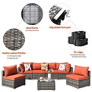 XIZZI Patio Furniture Sectional Sofa with Glass Table 7 Piece Outdoor Patio Furniture Sets All Weather Wicker Rattan Couch, Backyard Patio Conversation Sets (Orange Red)