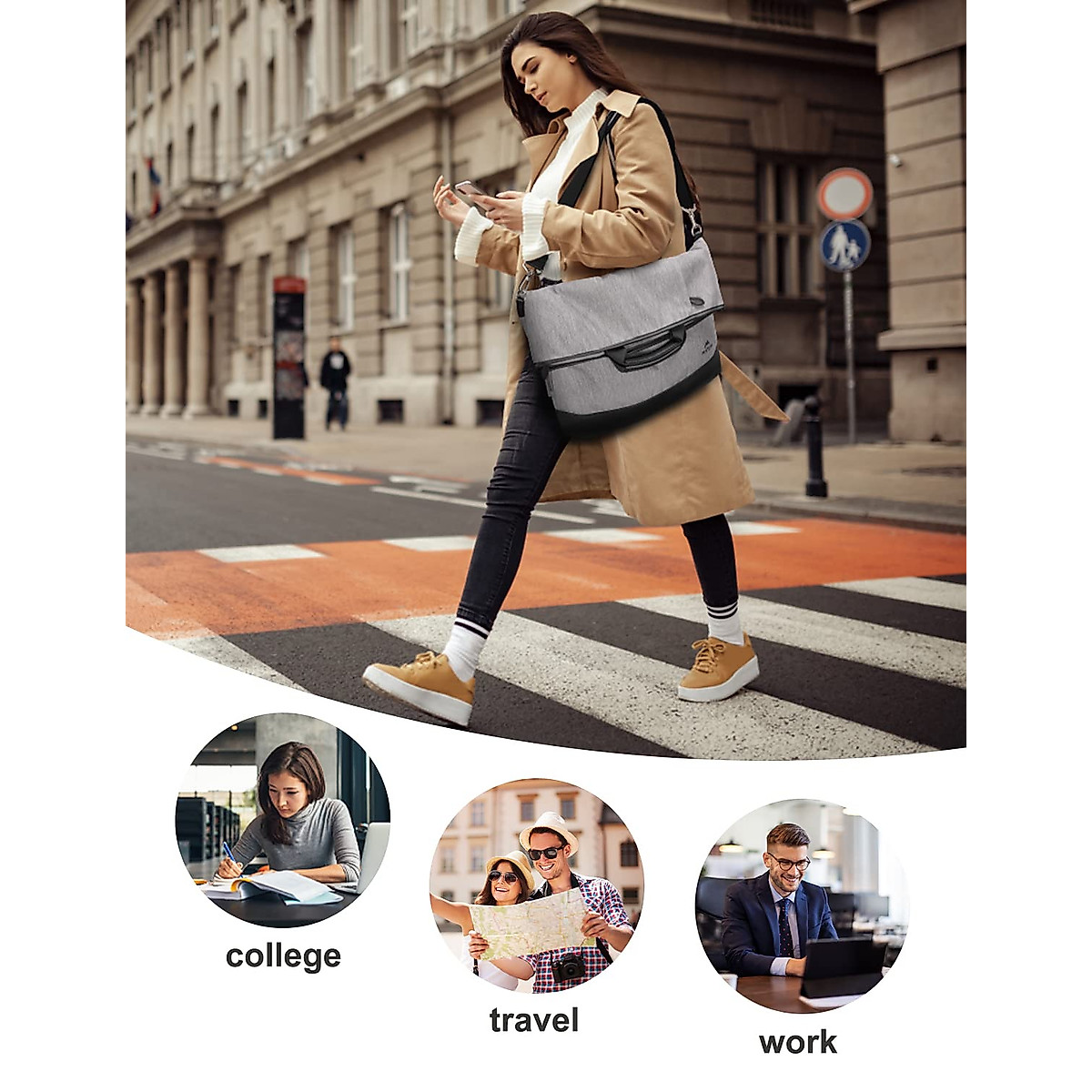 Messenger Bag for Women Crossbody, 2 in 1 Convertible Laptop Tote Bags 15.6 Inch Computer Briefcase Carrying Case with Shoulder Strap, Large Handbags Stylish Lady Satchel for Travel Work, Grey