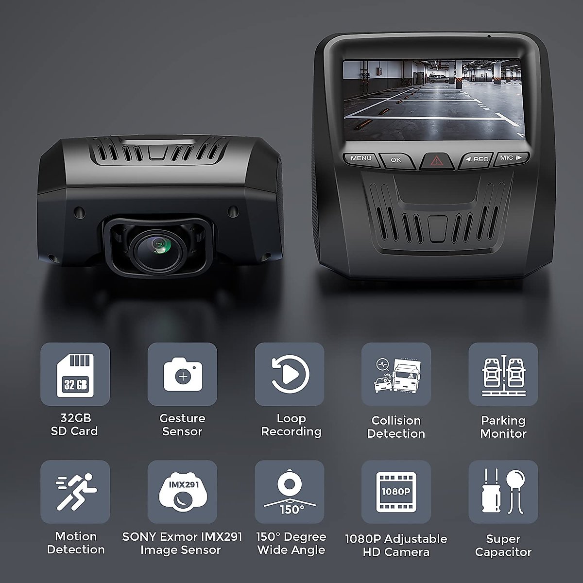 NEZINI Car Dash Cam, Dashboard Camera Recorder with 32GB Memory Card, FHD 1080P, 3" LCD Screen, Driving Recorder with Sony Video Sensor, Parking Mode, 150° Angle, Loop Recording, Night Vision, WDR