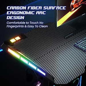 Gaming Desk with LED Lights & APP Control, 48" x 24" Gaming Table with Music Sensing, Underdesk Cable Storage Electric Standing Desk, Black Carbon Fiber PC Desk for Gaming and Home Office