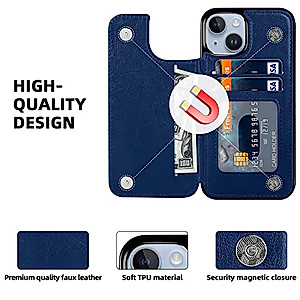 iMangoo for iPhone 14 Case Wallet Credit Card Holder Slots Kickstand, iPhone 13 Flip Cases PU Leather Cash Pocket for Men Women Double Magnet Clasp Protective Phone Cover for iPhone 14 13 6.1" Blue