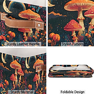 Mardesigns Mushroom Cube Storage Bins 13 x 13 x 13 Inch Botanical Floral Moon Fabric Foldable Storage Cubes Basket Boxes with PU Handles for Shelves Closet Bedroom Organizer Clothes