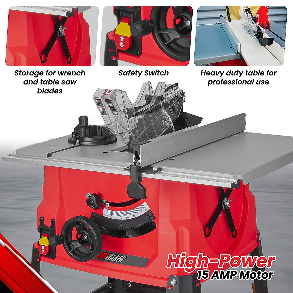 PROMAKER Table Saw, 10-inch 15.5-Amp 5000RPM 1800W, Benchtop Table Saw, from 0-45º up to 0º-90º Bevel cut. Table saw 10 inch with metal stand for woodworking including a Saw Blade. PRO-SB1800
