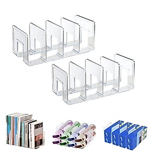 Marte Vanci Clear Acrylic File Sorter, Sturdy Desk File Organizer Shelf Book Holder Purse Handbag Clutch Divider File Folder Rack for Letter Cookbooks Home Office Kitchen Supplies 4 Sections (2 Pcs)