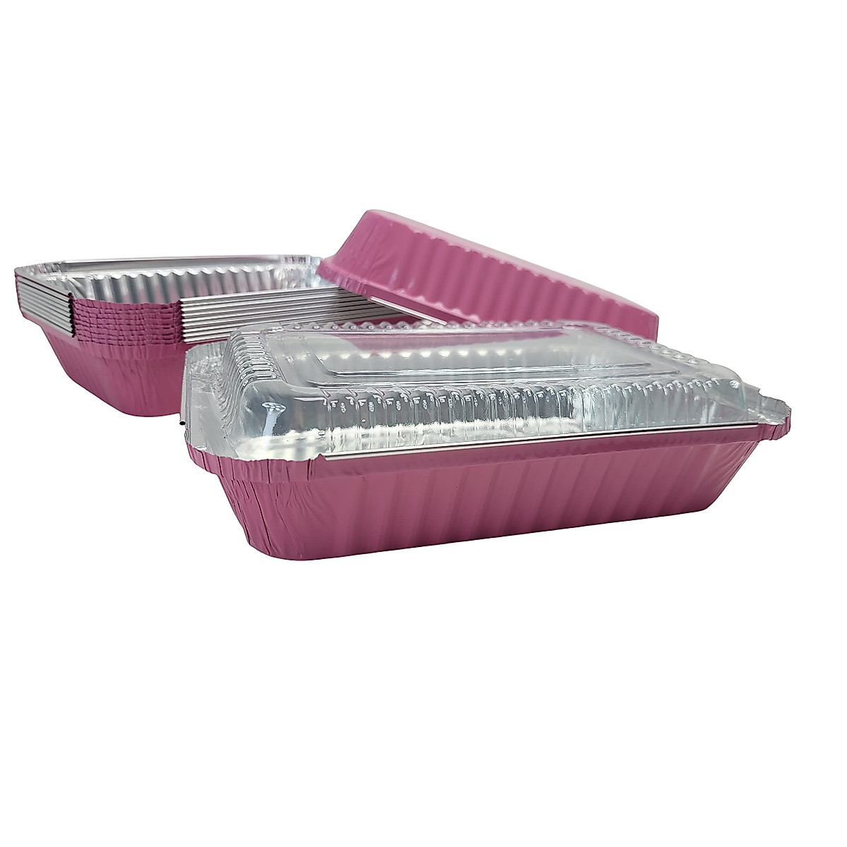 KitchenDance Colored Shallow Take Out Pans with Plastic lid - 1.5 Pounds Food Storage Aluminum Foil Baking Pan - Aluminum Pans Perfect for Cooking, Freezing, Preparing Food, 6417P (Pink, 50)