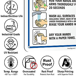SmartSign 10 x 7 inch “Wash Your Hands” Metal Sign with Instructions, Screen Printed, 40 mil Laminated Rustproof Aluminum, Multicolor, Made in USA