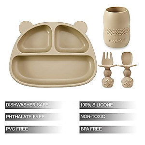 PandaEar Silicone Suction Plate with Tiny Sippy Cup and Spoon Fork for Self-Feeding, Divided Toddler Plate, 100% Silicone Baby Food Plate, BPA Free, Dishwasher Microwave Safe