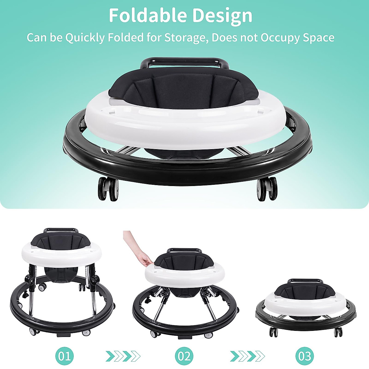 Baby Walker with Wheels, 3 in 1 Activity Center with Mute Wheels Anti-Rollover, 9-Gear Height Adjustable Foldable Baby Walker for Boys and Girls from 6-18 Months with Push Handle, Footrest