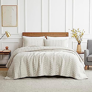 Beige 100% Cotton Quilt California Cal King Size Bedding Sets with Pillow Shams, White Oversized Lightweight Soft Bedspread Coverlet, Tan Cream Bed Cover for All Season, 3 Pieces, 118x106 inches