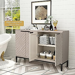 HLR 47" Buffet Cabinet with 4 Doors & Shelves, Farmhouse Sideboard Wood Accent Cabinet Storage Cabinet with Black Metal Legs for Dining Living Room,Entryway, Hallway & Office