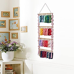 Mokof Headband Holder for Baby Girls, Macrame Daisy Flower Headbands and Bows Rack, Hanging Storage Organizer Newborn Headbands, Bows, Boho Nursery Wall Decor (Pink, 4 Rods, Holds 40 headbands)