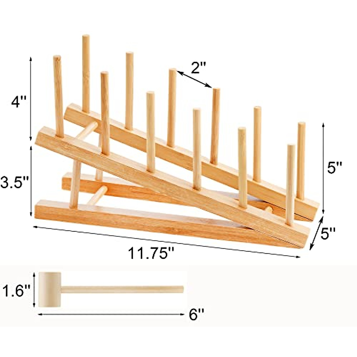 Yesland 3 Packs Wooden Dish Rack, Bamboo Plate Bottle Drying Rack with Wooden Mallet Plate Rack for Water Bottles, Cups, Pan Lids, Dinner Plates - Brown