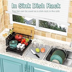 Vasysvi Dish Drying Rack with Drainboard for Kitchen Counter,2 Tier Dish Drainer Set with Utensils Holder，Large Capacity Stainless Steel Dish Racks Bonus with Drying Mat