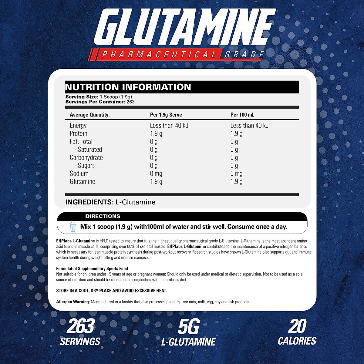 EHP Labs L Glutamine Powder Amino Acids - L-Glutamine, Workout Recovery, Immune Health & Gut Health Support (500g) - 100 Servings