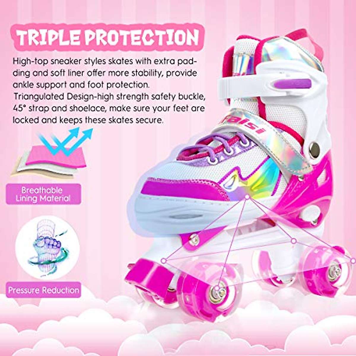 Roller Skates for Girls Boys Kids, Black Pink Purple 4 Sizes Adjustable Kids Roller Skates with Light up Wheels and Shining Upper Design, Roller Skates for Toddler Kids Ages 4-13