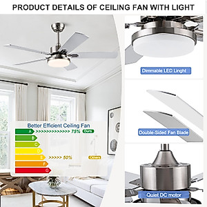 SNJ 52 inch Ceiling Fan with Light, Modern Silver Ceiling Fan with Light and Remote, Brushed Nickel and White Ceiling Fan for Bedroom, Living Room, Outdoor Patio, Quiet DC Motor (5 Blades)