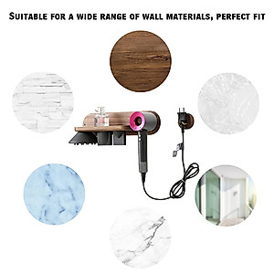 Wood Wall Mount Hair Dryer Holder for Dyson Supersonic, Walnut Bathroom Rack Magnetic Wall Bracket for Dyson Hair Dryer Power Plug, Diffuser and Nozzles Storage Organizer