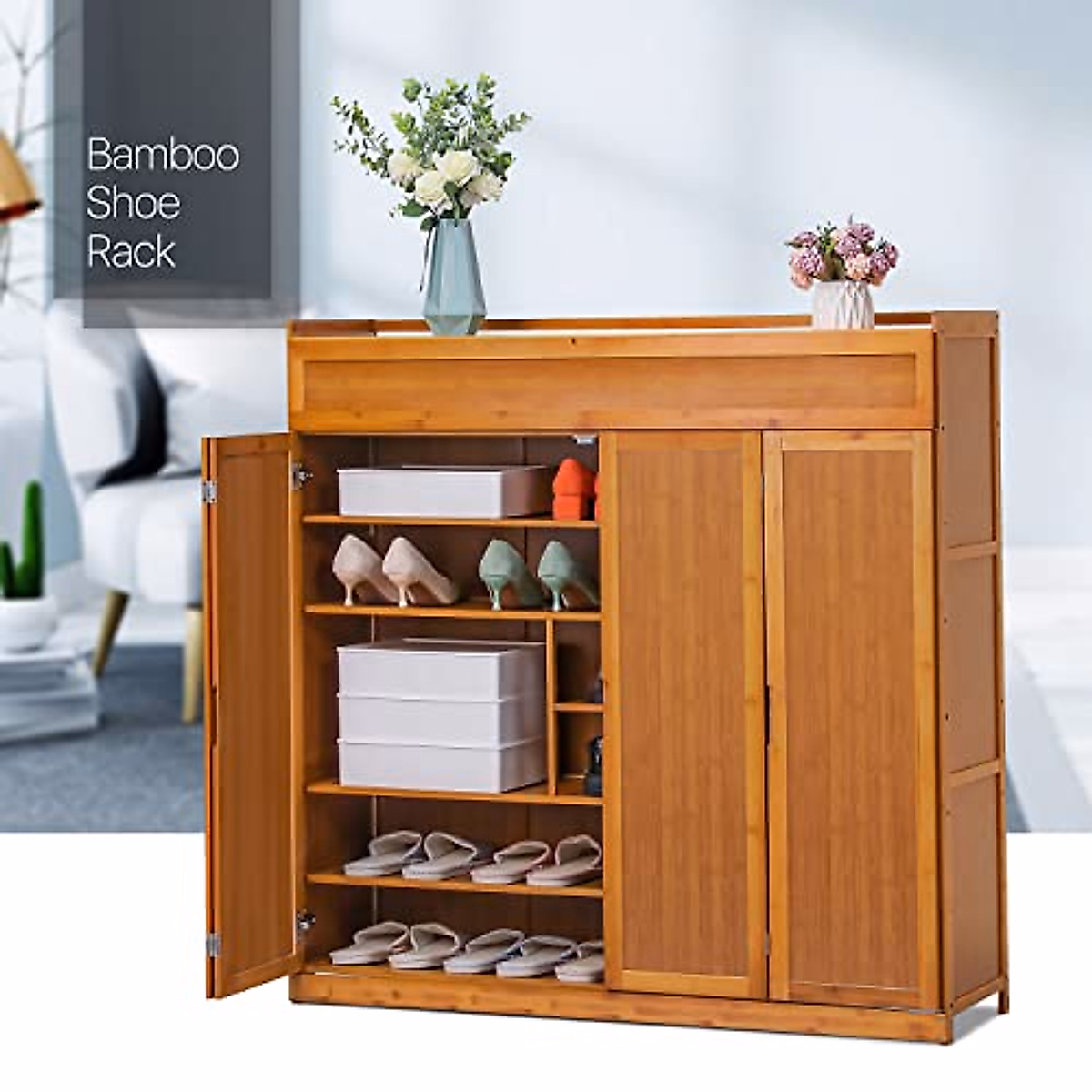 MoNiBloom Large 7 Tier Shoe Storage Cabinet with Doors, Bamboo Multifunctional Organizer Rack Unit Up to 40 Pairs for Bedroom Closet Entryway Living Room, Brown