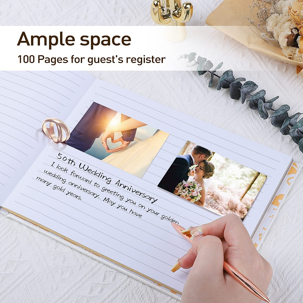 Guest Book for Wedding, Wedding Guest Book - Registry Sign-in Book for Wedding, Reception, Birthday, Baby Shower - White Guestbook/Bookmark & Gold Rose Floral Design - 8.5" x 6" (100 Pages)