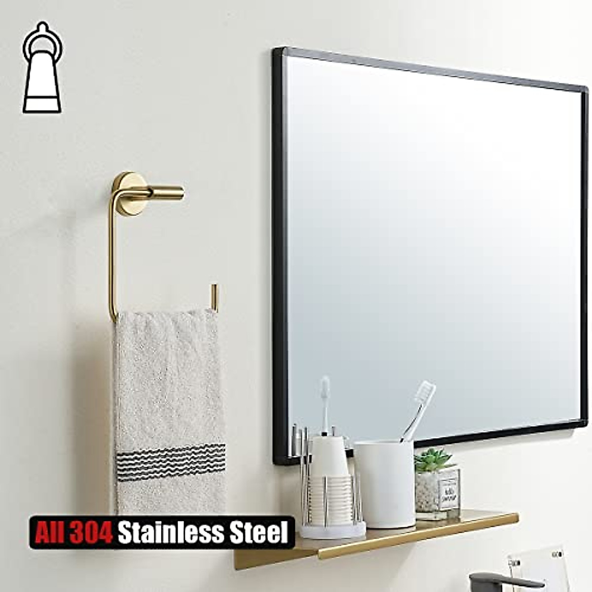 JQK Towel Ring Brushed Gold, Stainless Steel Square Ring Towel Holder for Bathroom, 6 Inch Brushed Gold Wall Mount, TR140-BG