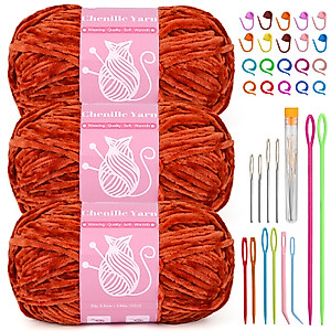 LUNARM Chenille Velvet Yarn, Yarn for Crocheting Knitting with Big Eye Needles, Handcrafts Weaving Soft Chenille Yarn for Making Blankets, Clothes, Pattern Knitting - 3*3.35oz,3*162yds (Red Orange)