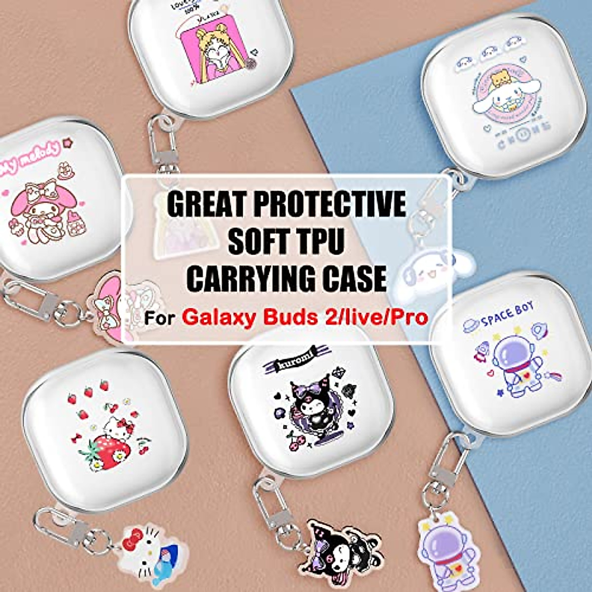 Cute Astronaut Case for Samsung Galaxy Buds 2 Cover (2021)/Buds Pro Case(2021)/Buds Live Case(2020) with Funny Spacemen Keychain for Men Girls Kids,Clear Shockproof Protective Soft Silicone Cover