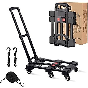 Luggage Cart RICEEL Folding Hand Truck with 6 x 360 Degree Swivel Wheels,Adjustable Handle,Foldable for Easy Storage,and 3 Elastic Ropes,220lb Weight Capacity for Travel,Moving