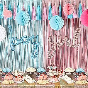 Metallic Tinsel Foil Fringe Curtains 3.2 ft x 6.6 ft Baby Shower Gender Reveals Party Decoration Party Photo Backdrop (Pink/Blue)