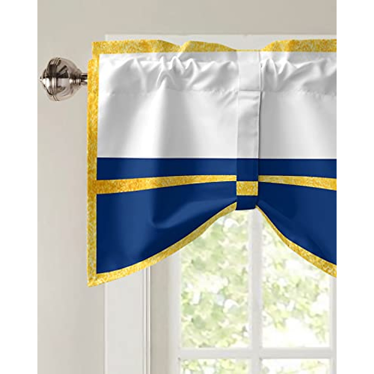 Blue White Block and Gold Yellow Lines Tie Up Valance Curtain for Kitchen-Small Window Shade Valances Adjustable Rod Pocket Windows Treatment for Bathroom Decor Modern Minimalist Art,1 Panel 42x12in
