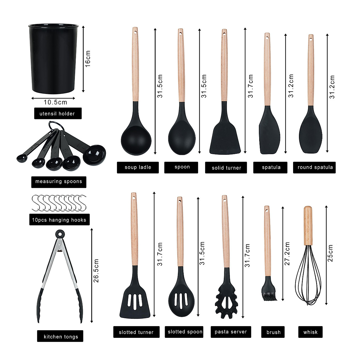 Bayobid silicon kichen utensil set, 27 pieces cooking utensil set, wooden handle non-toxic BPA free kitchn gudget, black silicone kitchen utensils set with high degree of heat resistant with holder.