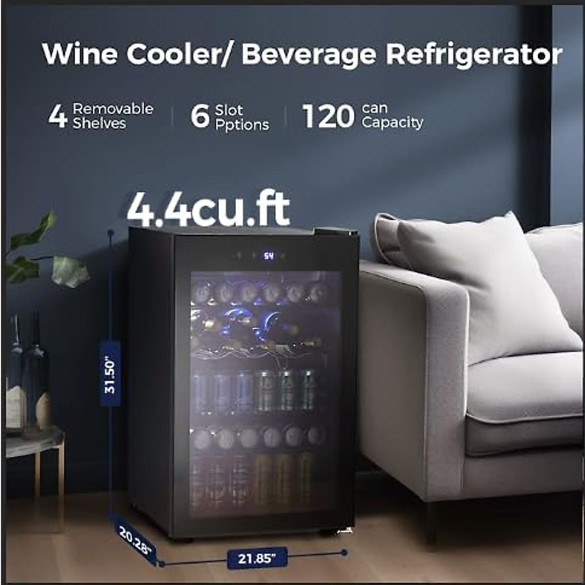 LHRIVER Countertop Mini Fridge,4.4cu.ft Beverage Refrigerator and Cooler with Glass Door, Adjustable Shelves,145 Can Compact Refrigerators or Office,Dorm Room,Home