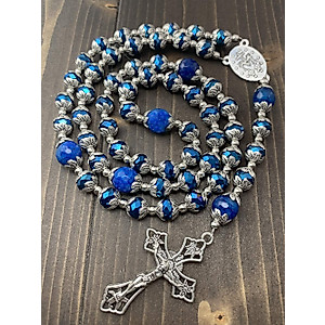 Nazareth Store Deep Blue Crystal Beads Rosary Blue Agate Glory Stone Beaded Necklace Miraculous Medal & Cross Crucifix Religious Rosaries Collection