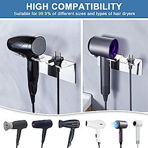 SUS 304 Stainless Steel Hair Dryer Holder Wall Mounted, Self Adhesive Hair Straightener Holder, Universal Blow Dryer Holder with Plug Hooks for Cabinet Bathroom