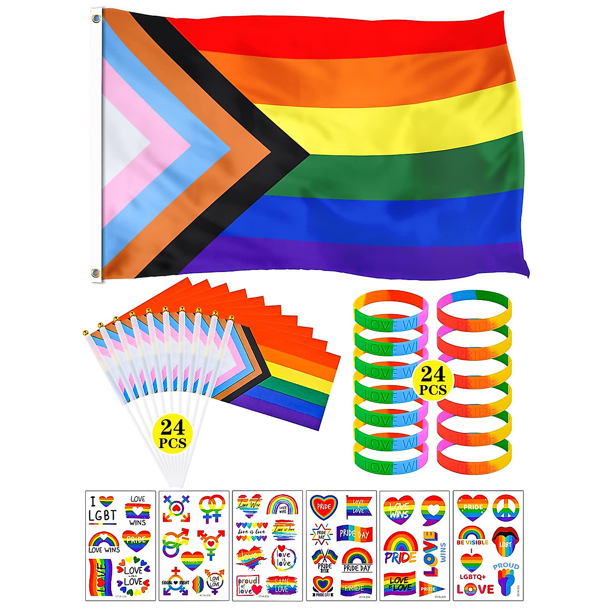 Abitoncc 91Pcs Gay Pride Accessories Stuff Set - Progress Pride Flag 3x5 Outdoor 24 Pack Mini Hand Held Small Pride Flags 24Pcs Pride Wristband Temporary Pride Tattoo Stickers Pride Stuff for Pride Month Outdoor Celebration Gay Progress Pride Party Favors