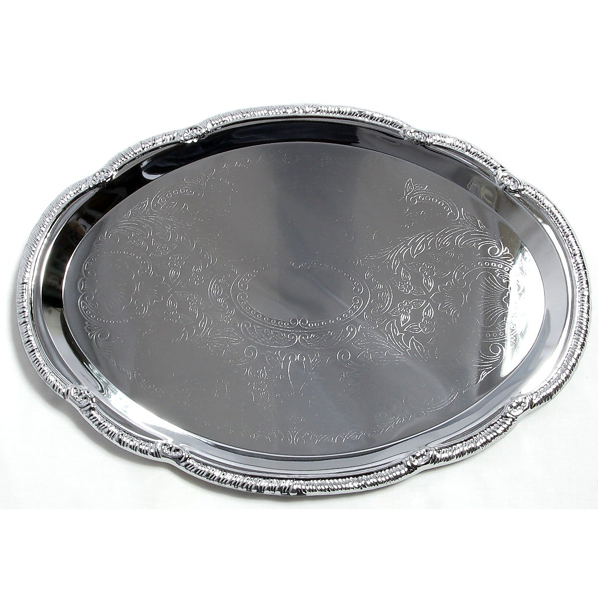 Maro Megastore (Pack of 4) 14.7" x 10.6" Oval Shape Chrome Plated Serving Tray Plate Food Art Deco Floral Pattern Engraved Multi-Purpose Holiday Party Buffet Wedding Birthday (Large) T125L-4PK