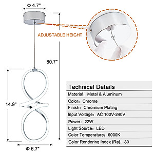 MAYNA Modern LED Pendant Lights Kitchen Island, Chrome Chandelier, 22W Adjustable Height Hanging Light Fixture for Kitchen Dining Room Bedroom Cafe Table, 1 Pack