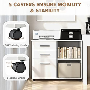 Giantex 3-Drawer File Cabinet for Office - Home Mobile Lateral Filing Cabinet with Hanging Bars, Open Storage Shelves, 5 Universal Wheels, Printer Stand for Letter Size Storage Cabinet (White)
