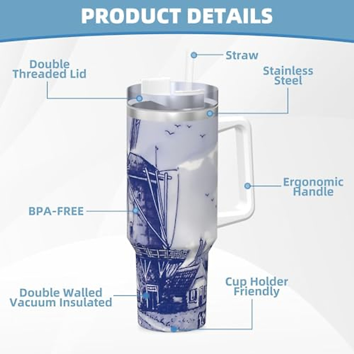 Xiexide 40oz Stainless Steel Gifts Vintage Blue Nederland Dutch Windmill Country Double Walled Vacuum Insulatedith Handle And Straw,Hot & Cold Drinks