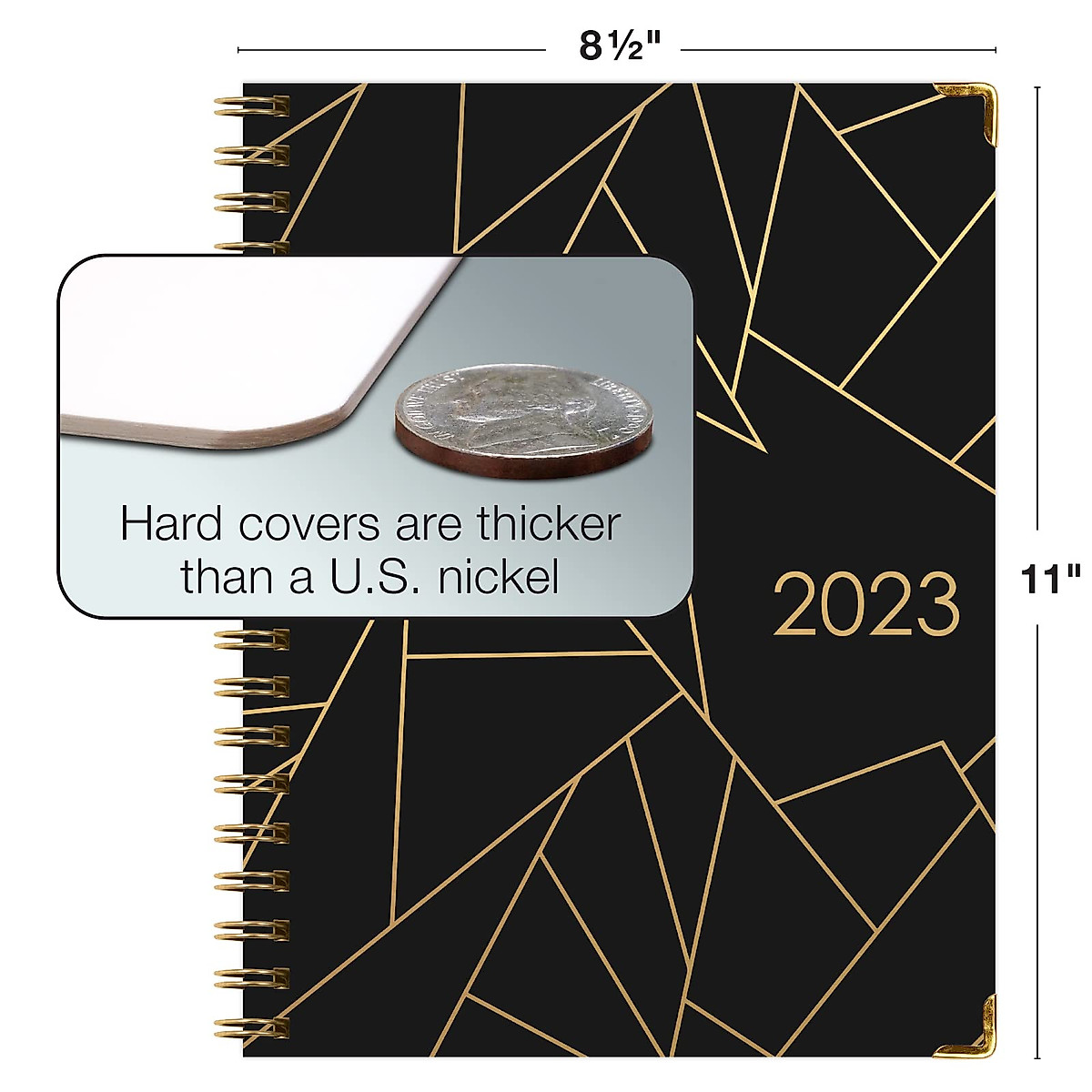HARDCOVER 2023 Planner: (November 2022 Through December 2023) 8.5"x11" Daily Weekly Monthly Planner Yearly Agenda. Bookmark, Pocket Folder and Sticky Note Set (Black Gold Triangles)
