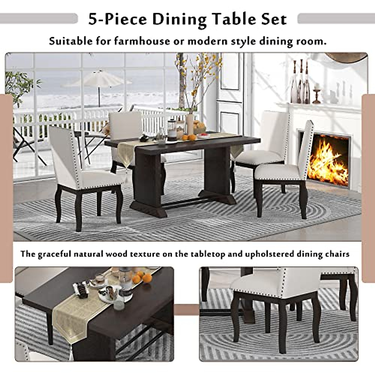 5-Piece Dining Table Set for 4, Breakfast Table Set Space Saving Solid Wood Chairs and Table Set for Apartment Dining Room with Rectangular Dining Table and 4 Upholstered Dining Chairs, Espresso