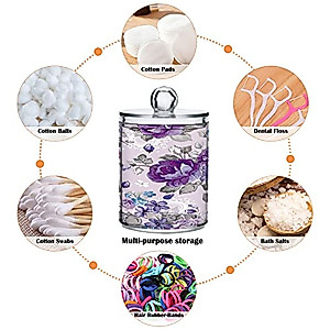 WELLDAY Apothecary Jars Bathroom Storage Organizer with Lid - 14 oz Qtip Holder Storage Canister, Retro Purple Flowers Clear Plastic Jar for Cotton Swab, Cotton Ball, Floss Picks, Makeup Sponges,Hair