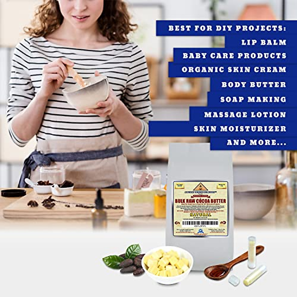 ANCIENT HEALTH REMEDIES Organic Unrefined Raw NATURAL COCOA (CACAO) BUTTER BLOCKS Bulk Size Rich Chocolate Aroma For Lip Balms Stretch Marks DIY Base for Body Butter (2Lb)