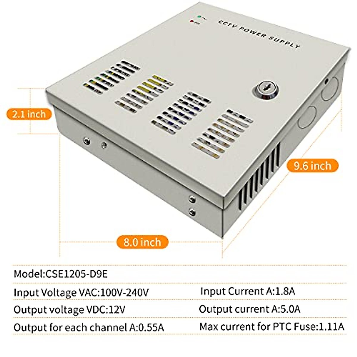 WEILAILIFE CCTV Power Supply Box, 9 Channel 12V 5A DC Distributed Power Supply Box, AC Plug Cord & Key Lock, Output AC to DC for Security Camera System, DVRs, IP Cameras, CCTV Cameras