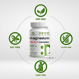 Magnesium Complex Supplement 500mg, 240 Veggie Capsules – 10 in 1 – Glycinate, Citrate, Malate, & More – Chelated Minerals for Muscle & Joint Health.