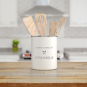 Barnyard Designs White Utensil Holder for Kitchen Countertop, Farmhouse Metal Utensil Crock, Rustic Country Decorative Kitchen Utensil Caddy Large, 5.5x6.75